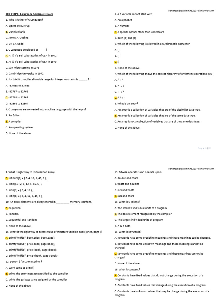 100 TOP C Language Multiple Choice Anszers | PDF | Control Flow | Software Development