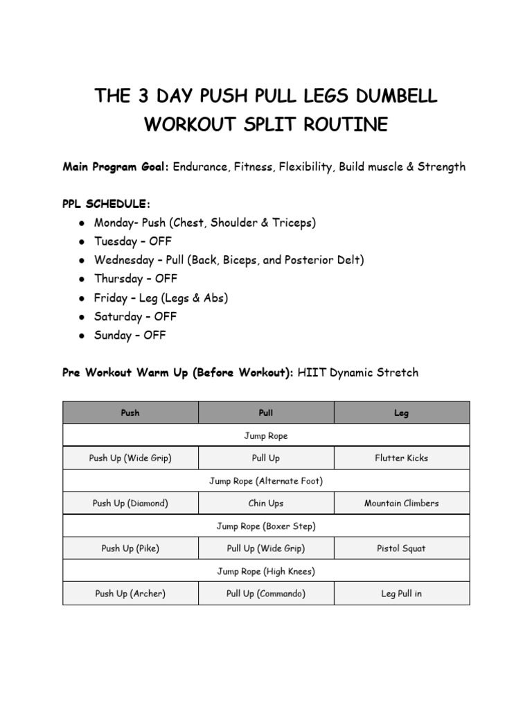 The 3 Day Push Pull Legs Dumbell Workout Split Routine | PDF