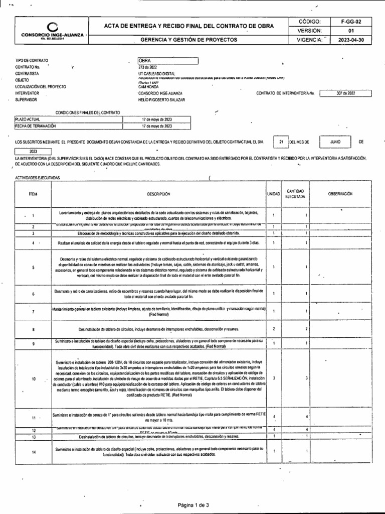 Acta de Entrega y Recibo Final - Contrato Nro. 273 de 2022 | PDF
