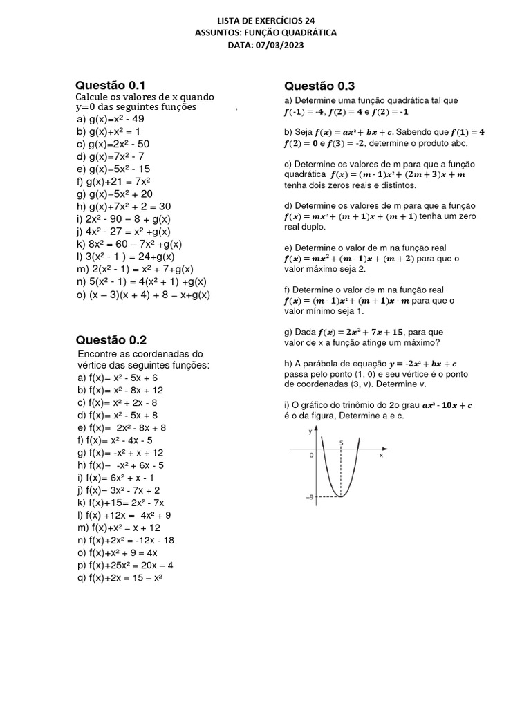 Lista de Exercícios: Função Quadrática | PDF | Sistema de coordenada ...
