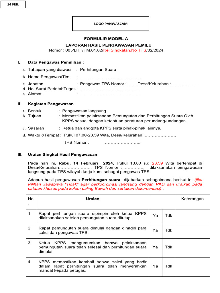 Form A PTPS Penghitungan Suara 14 Feb 2024 | PDF