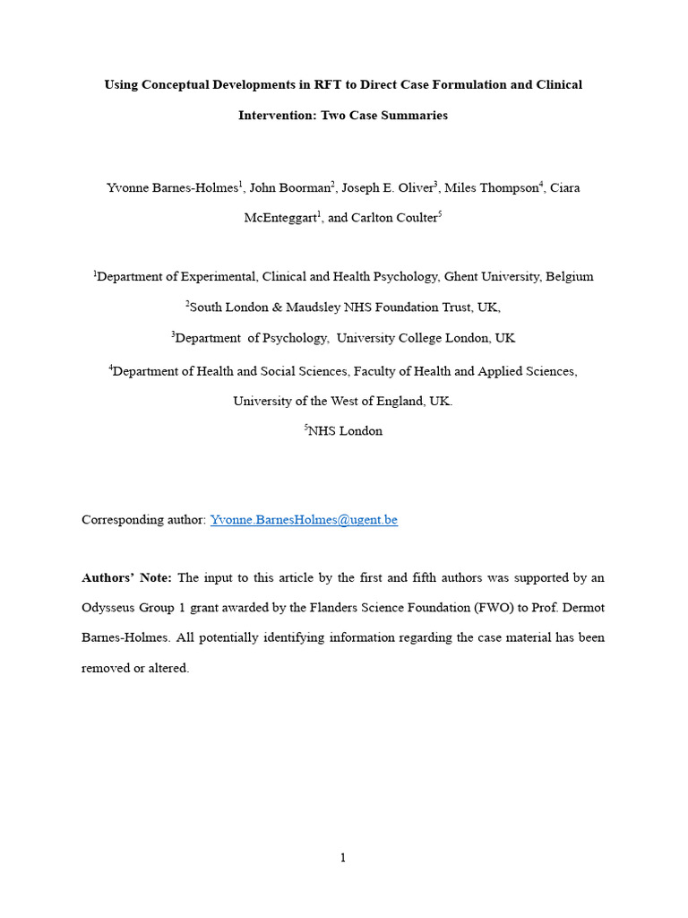 Using Conceptual Developments in RFT To Direct Case Formulation and ...