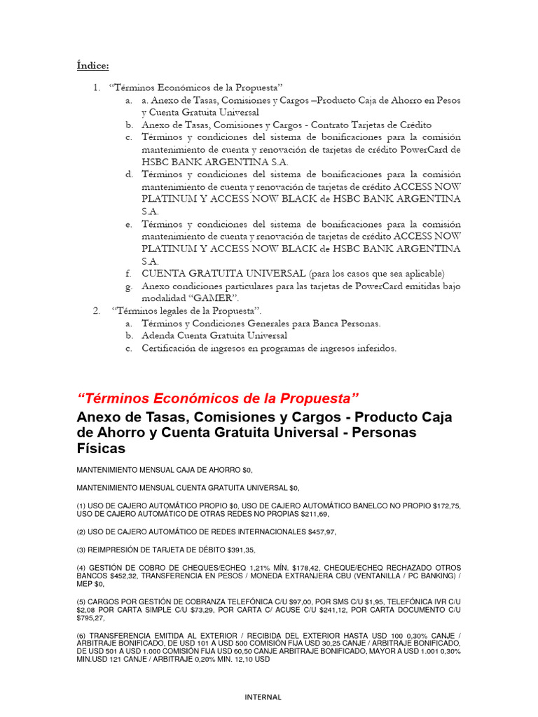OBD - A Implementar - Resumens - Anexo de Tasas, Comisiones y Cargos - Contrato Tarjetas de ...