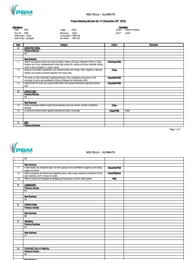 Nisi Villa Uluwatu Project Meeting 1 | PDF