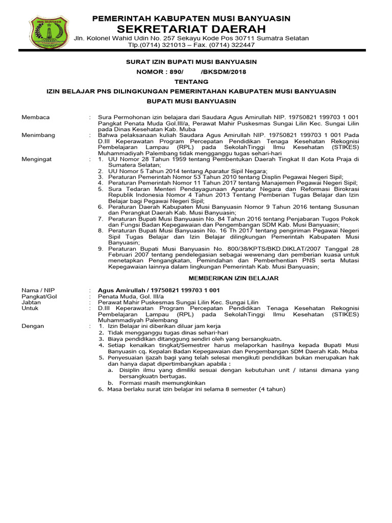 Izin Belajar PNS Musi Banyuasin | PDF