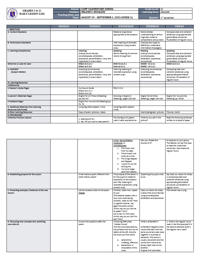 DLL - English 6 - Q1 - W1 | PDF | English Language | Poetry DLL - English 6 - Q1 - W1 | PDF | English Language | Poetry