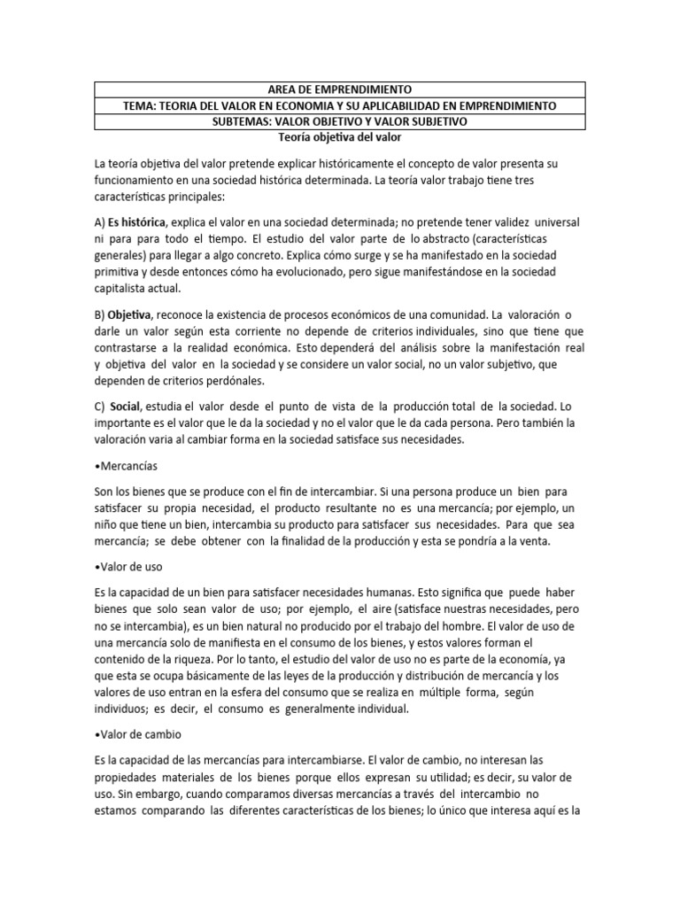 Emprendimiento Teoria Del Valor | PDF | Utilidad marginal | Bienes Emprendimiento Teoria Del Valor | PDF | Utilidad marginal | Bienes