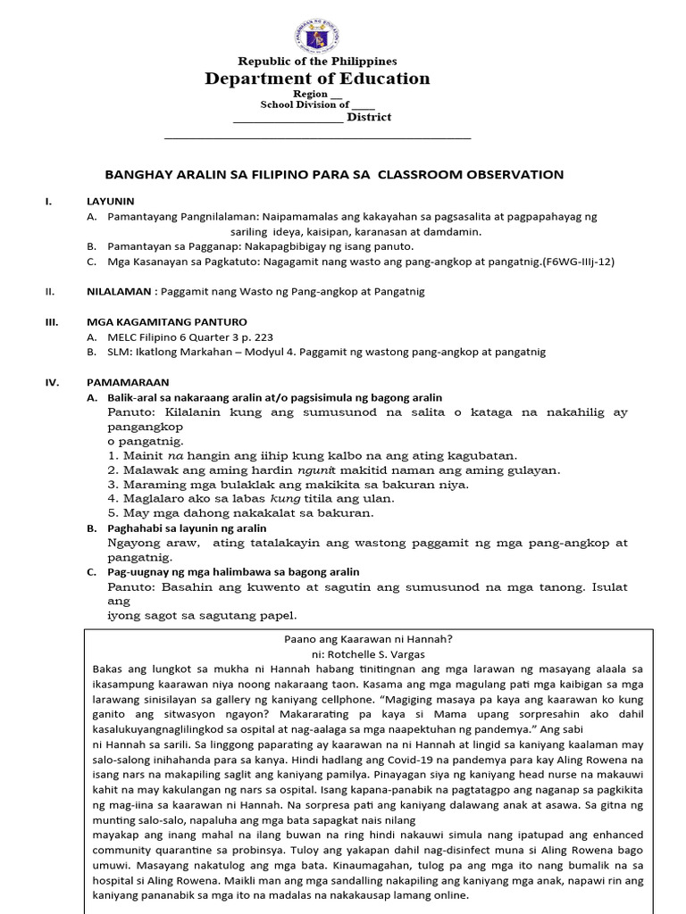 Filipino 6 Cot Lesson Plan 3RD Quarter | PDF