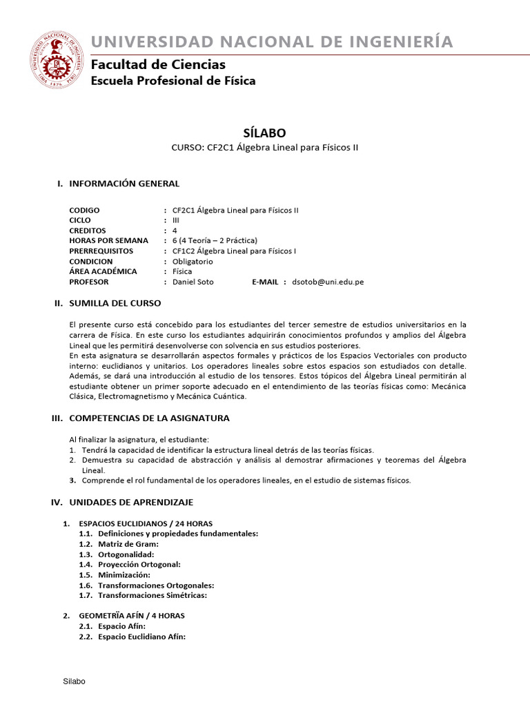 Sílabo-Álgebra Lineal para Físicos II | PDF | Mapa lineal | Álgebra lineal Sílabo-Álgebra Lineal para Físicos II | PDF | Mapa lineal | Álgebra lineal