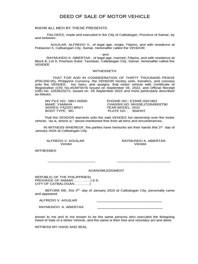 Deed of Sale of Motor Vehicle | PDF