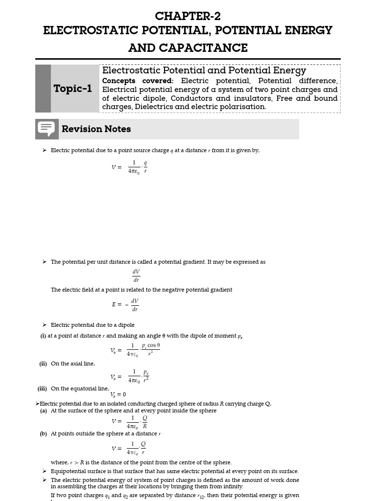 Electrostatic Potential Potential Energy Capacitance Pdf