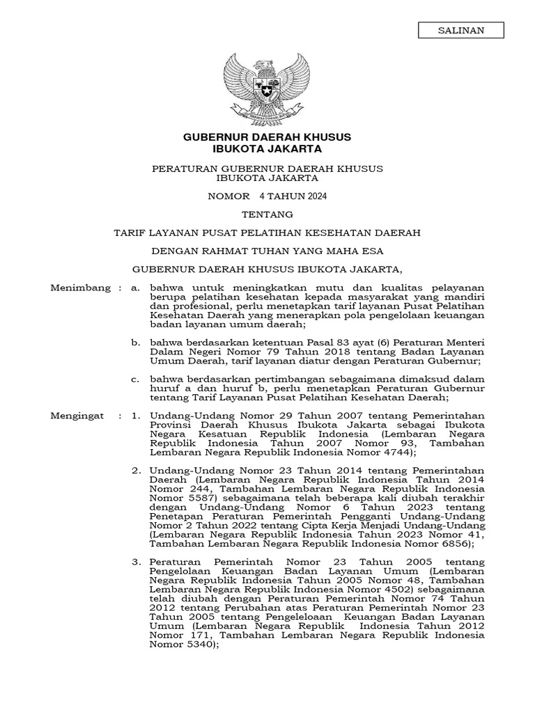 Tarif Pusat Pelatihan Kesehatan DKI 2024 | PDF