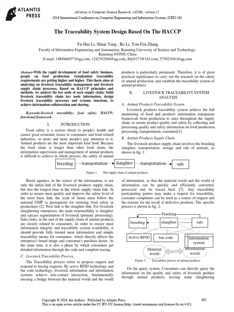 The Traceability System Design Based On The HACCP: Yu-Hui-Li, Shuai ... The Traceability System Design Based On The HACCP: Yu-Hui-Li, Shuai ...