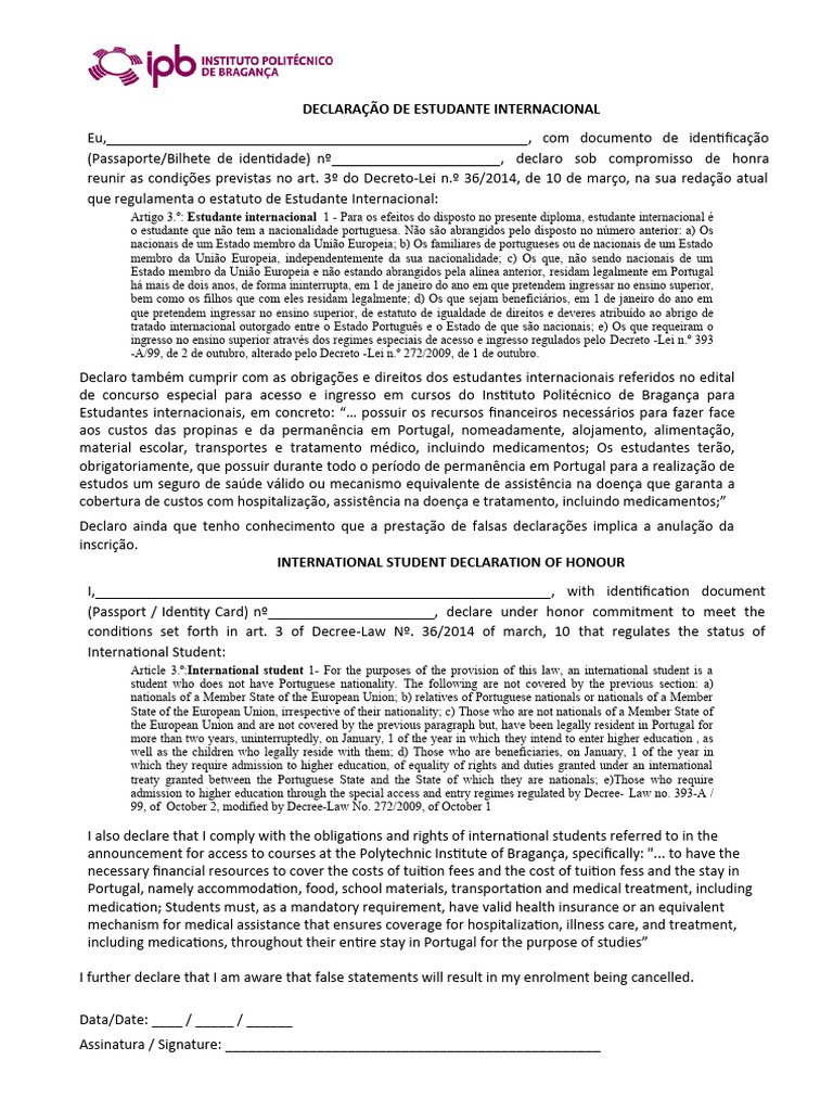 STUDENT Declaration Form | PDF | Governo | Relações Internacionais
