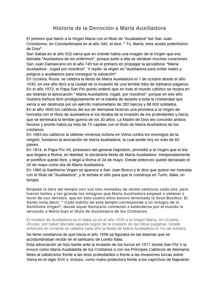 Historia de La Devoción A María Auxiliadora | PDF | María, madre de Jesús