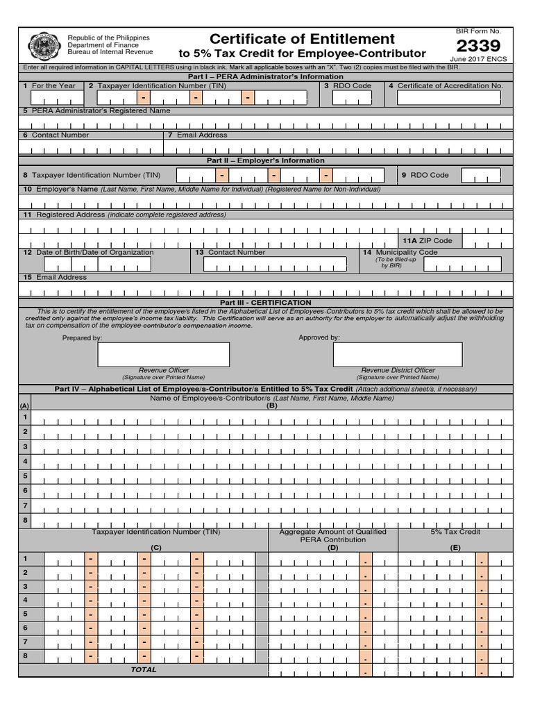 BIR Form No. 2339 - June 2017 ENCS | PDF | Tax Credit | Taxes