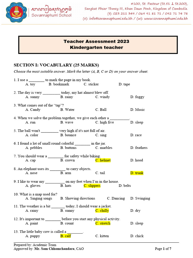 Kindergarten - Exam Paper | PDF