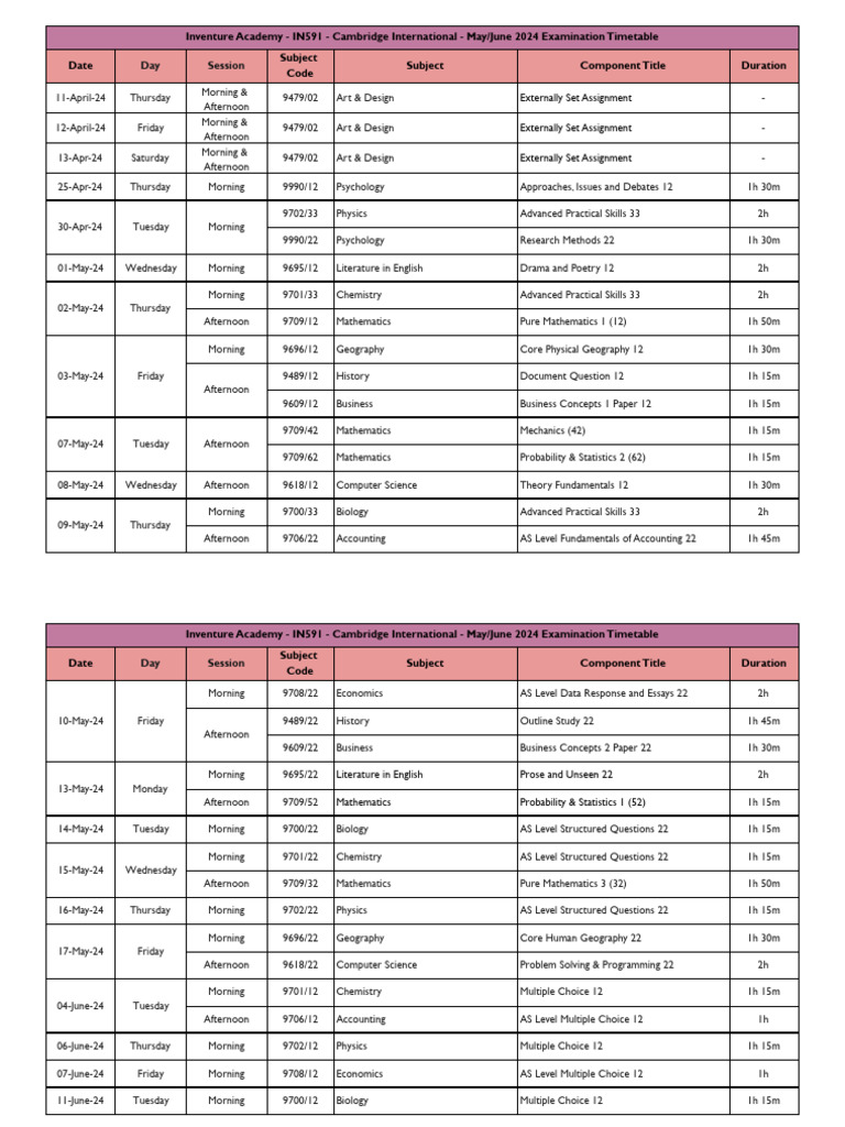 May/June 2024 Exam Timetable | PDF | Mathematics | Geography