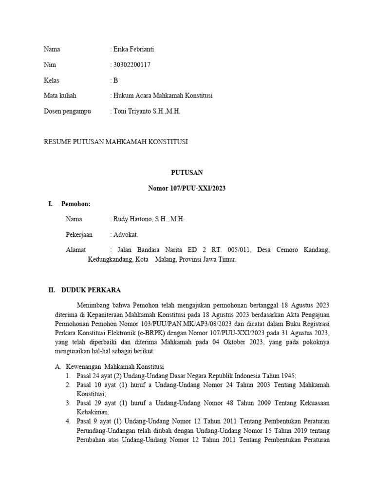 Resume Putusan MK Nomor 107/PUU-XXI/2023 | PDF