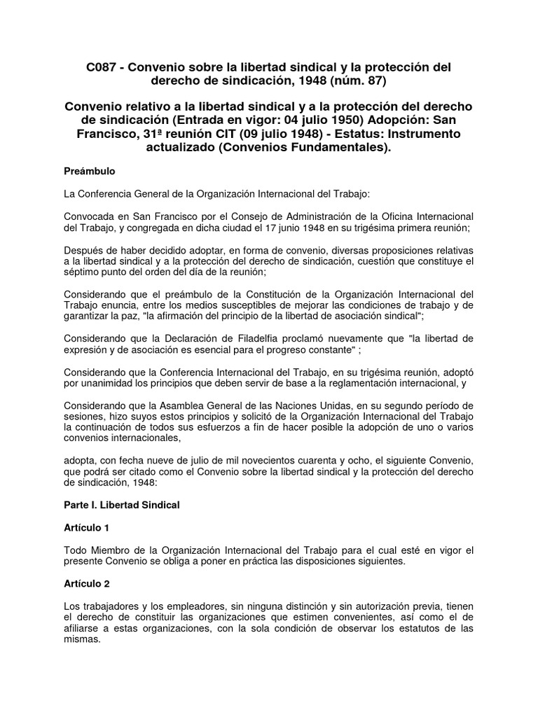 Convenio 87 de La OIT 1 | PDF | Tratado | Organización Internacional del Trabajo