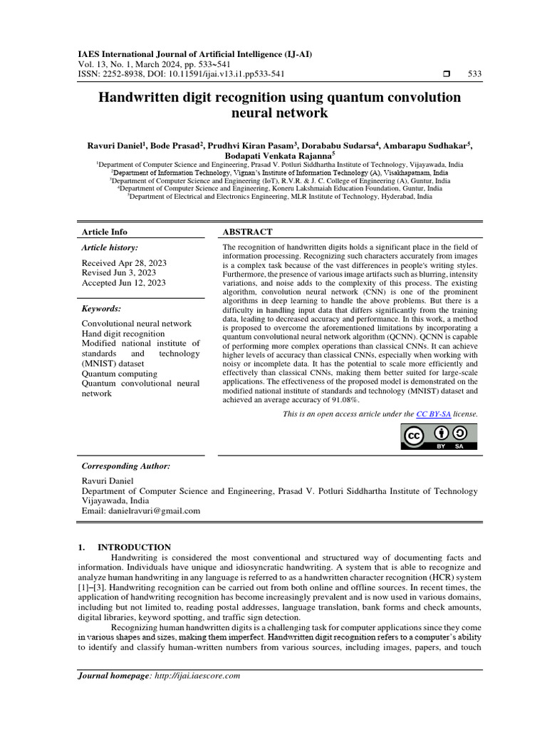 Handwritten Digit Recognition Using Quantum Convolution Neural Network | PDF | Artificial Neural ...