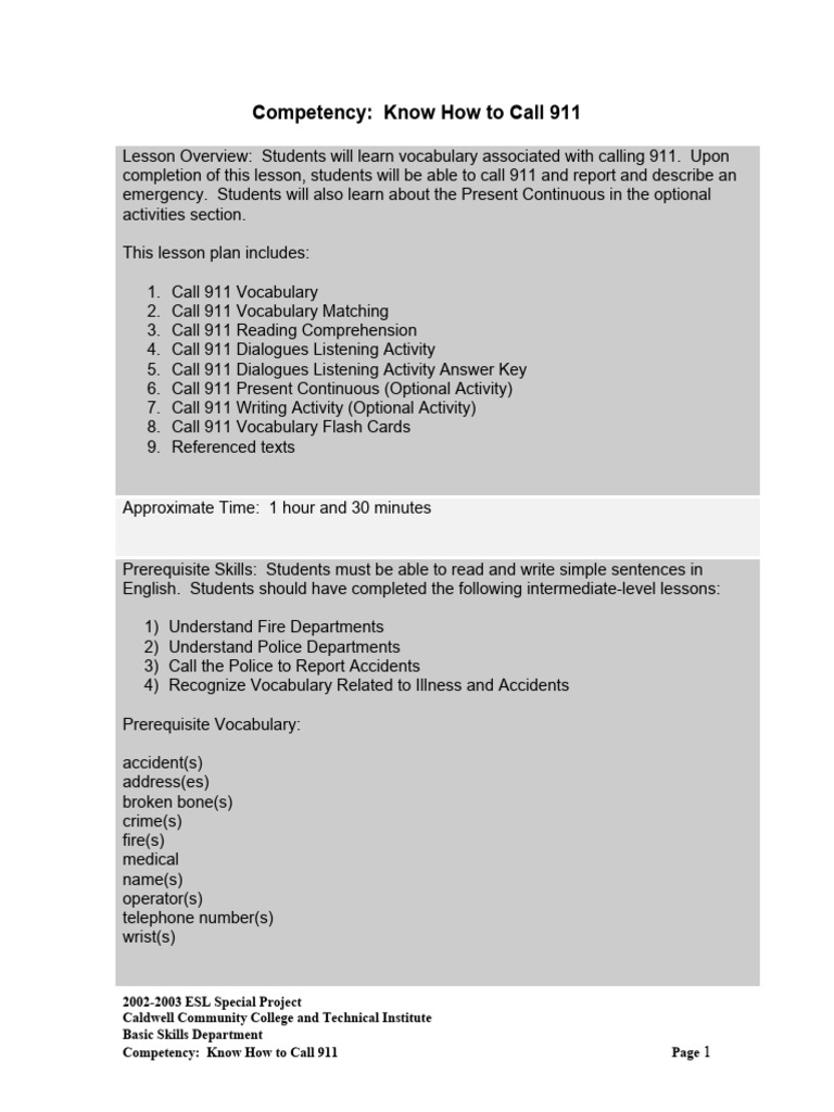 Lessonplanknowhowcall 911 | PDF | Vocabulary | 9 1 1