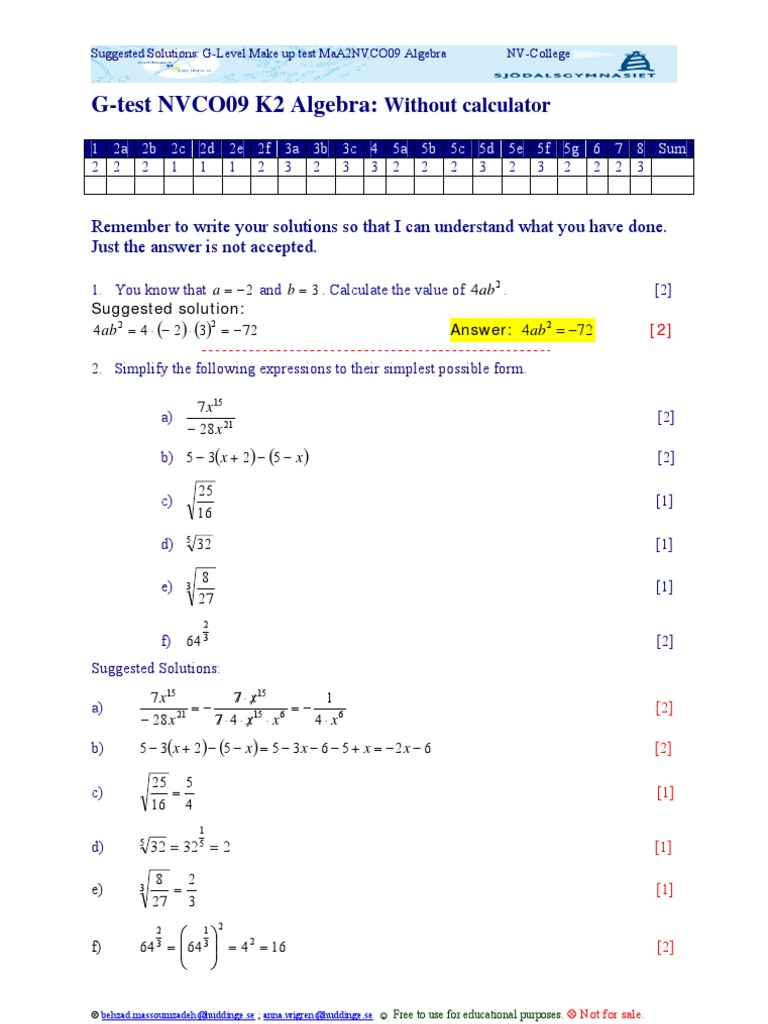 Solutions+G Level+Make+Up+Test+MaA2NVCO09K2+A | PDF | Algebra ...