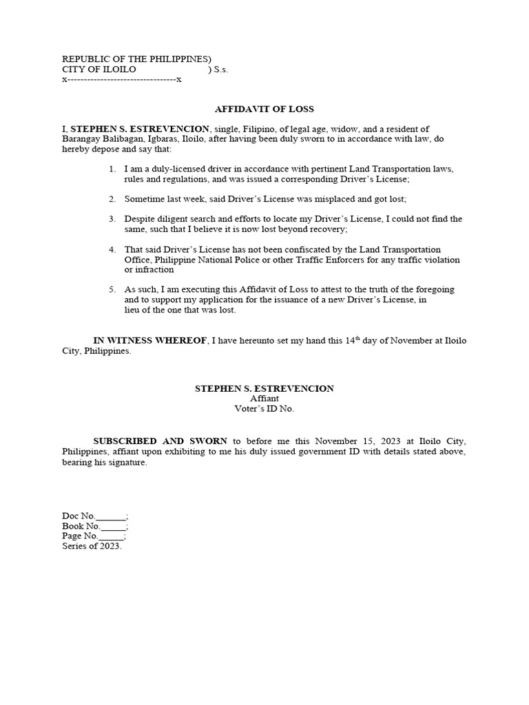 Affidavit of Loss - Driver's License | PDF