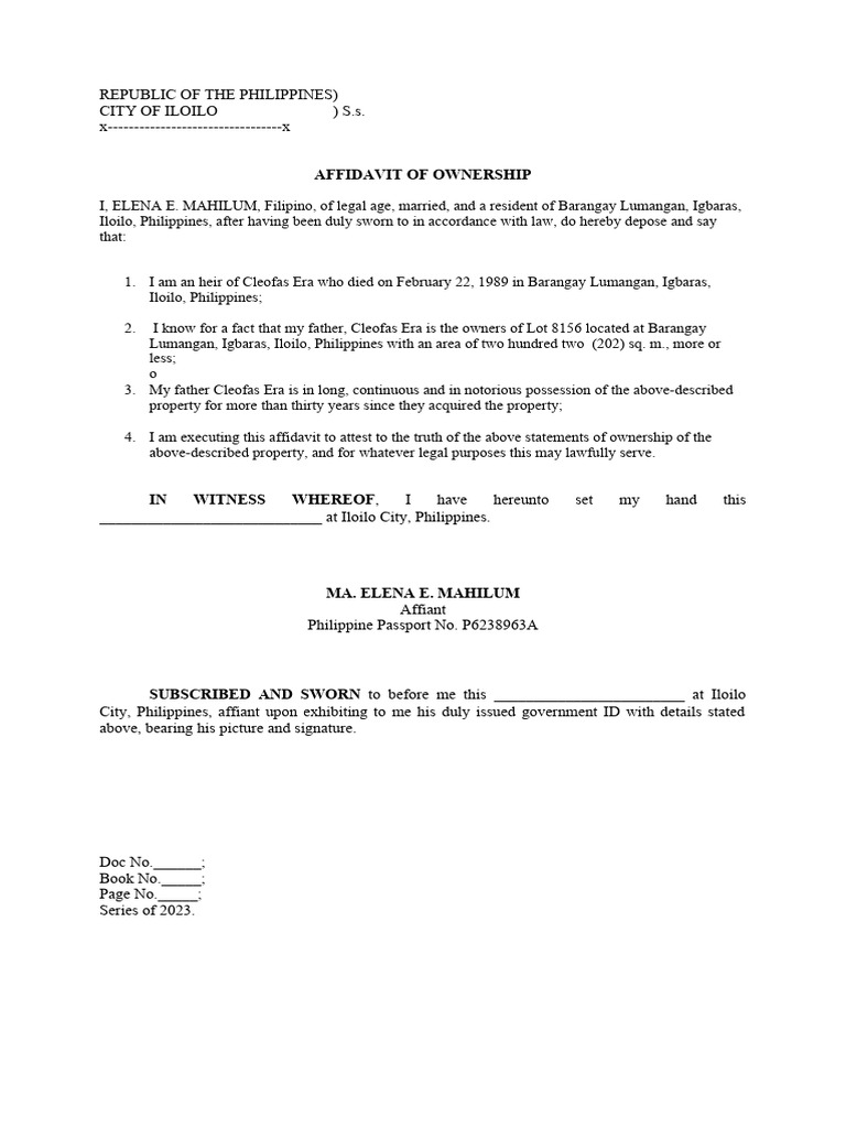 Affidavit of Ownership (Land) | PDF
