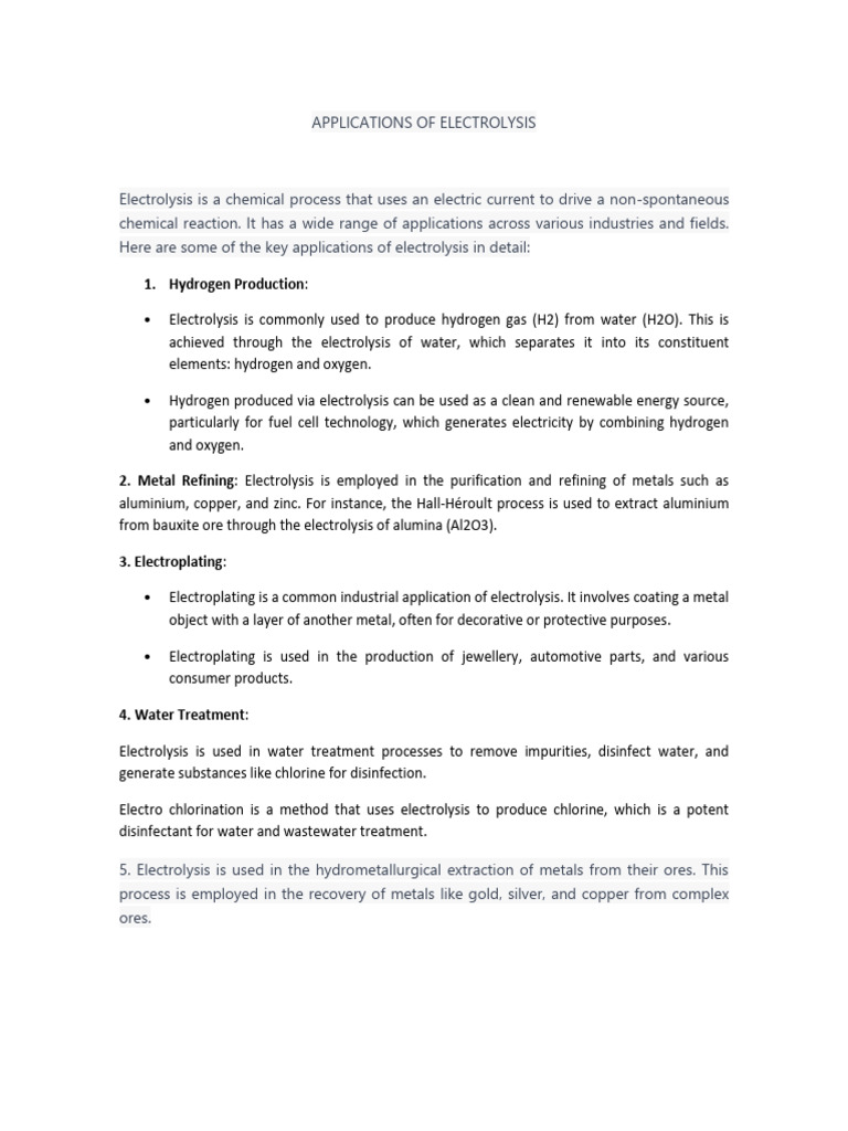 Key Applications of Electrolysis | PDF