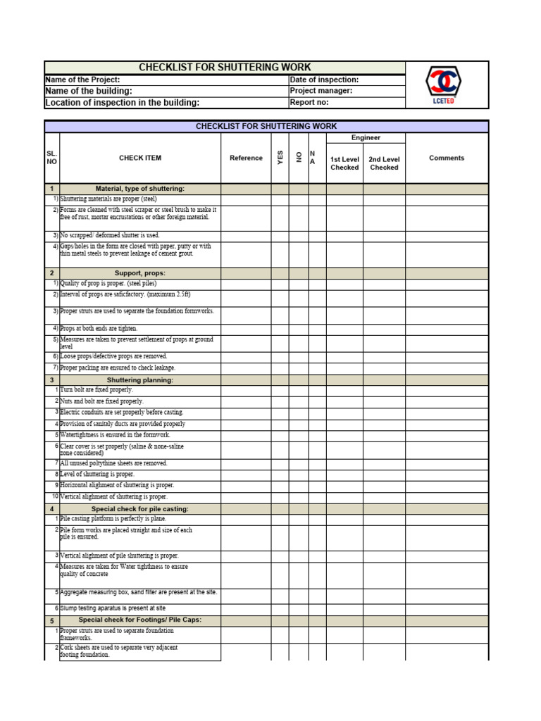 CHECKLIST FOR SHUTTERING WORK | PDF | Concrete | Deep Foundation