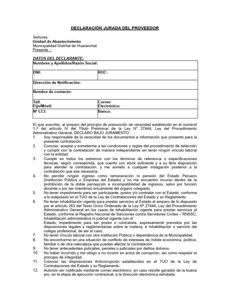 Formato de Declaración Jurada Del Proveedor 2024 | PDF | Corrupción política | Bancos