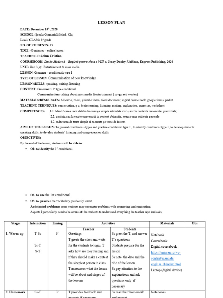 Clasa A VIII-a Plan de Lectie If Cond. Type 1 | Download Free PDF | Human Communication ...