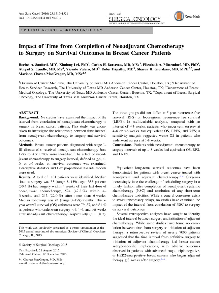 Impact of Time From Completion of Neoadjuvant Chemotherapy To Surgery On Survival Outcomes in ...