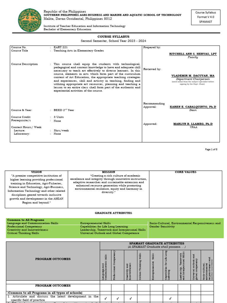 EART 221 BEEd Syllabus-Version-4 | PDF | Educational Assessment | Learning