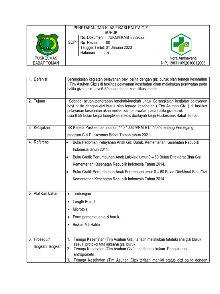 Sop Penetapan Dan Klasifikasi Balita Gizi Buruk | PDF