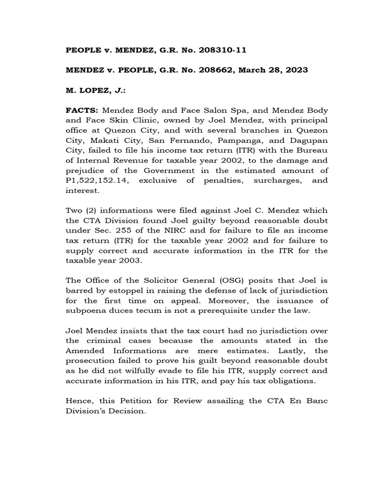 Mendez Tax Evasion Case Summary | PDF | Reasonable Doubt | Taxes