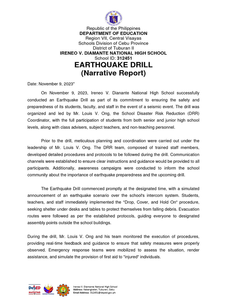 IVDNHS- SCHOOL EARTHQUAKE DRILL NARRATIVE | PDF | Emergency Management ...