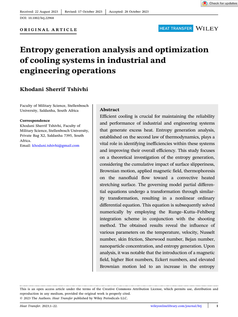 Heat Trans - 2023 - Tshivhi - Entropy Generation Analysis and ...