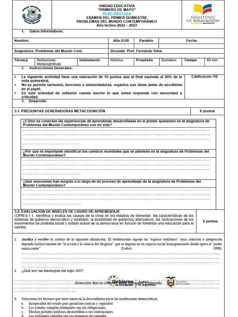 Examen Quimestral PMC 2022-2023 | Descargar gratis PDF | Totalitarismo | Gobierno