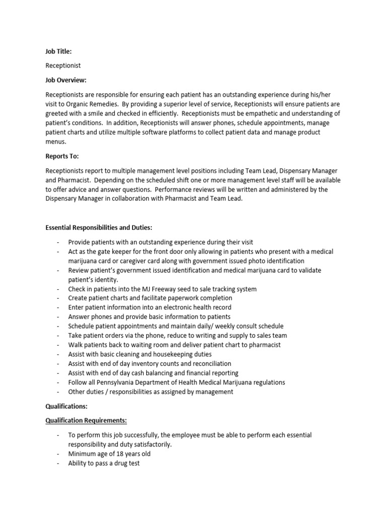 Receptionist Job Description | PDF | Finger | Hand