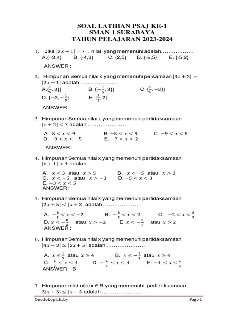 Soal Latihan Psaj Ke-1 MW | PDF
