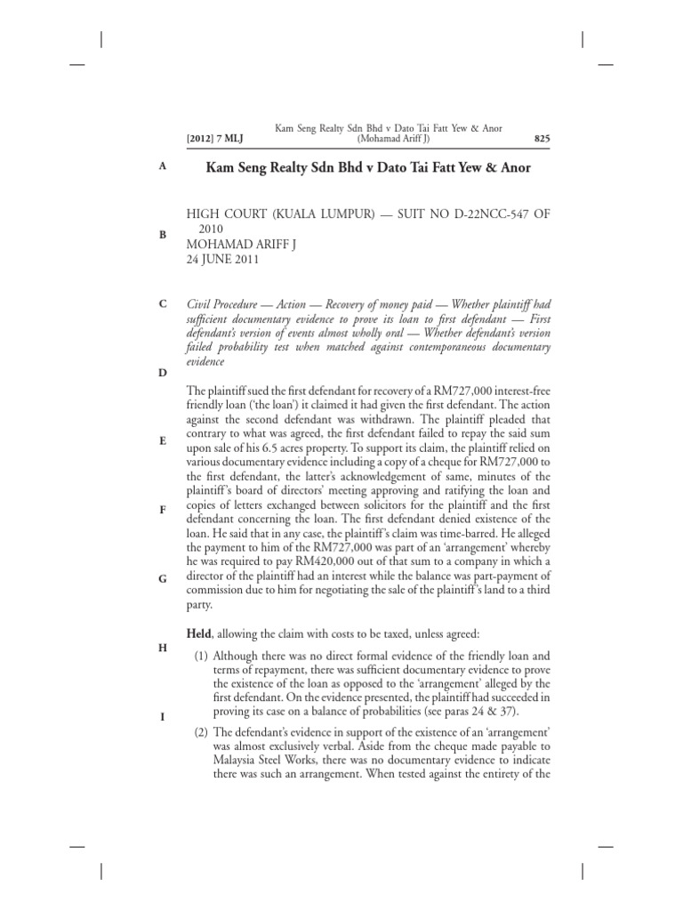 Kam Seng Realty SDN BHD V Dato Tai Fatt Yew & Anor | PDF | Burden Of ...