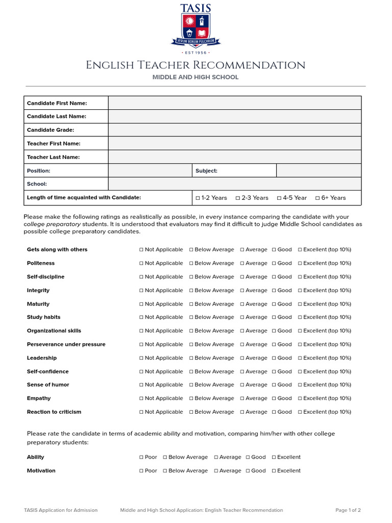 03 Teacher Recommendation English | PDF | English As A Second Or ...