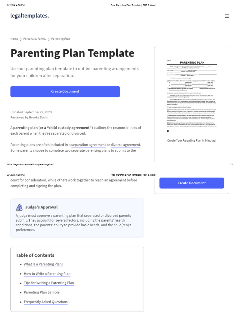 Free Parenting Plan Template - PDF & Word | Download Free PDF | Child ...