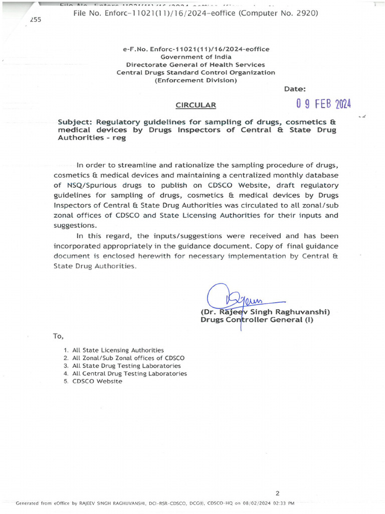 DCGI Circular For Regulatory Guidelines For Sampling PDF | PDF ...