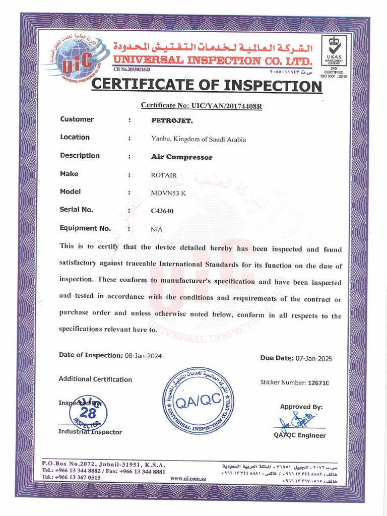 Air Compressor Certificate | PDF Air Compressor Certificate | PDF