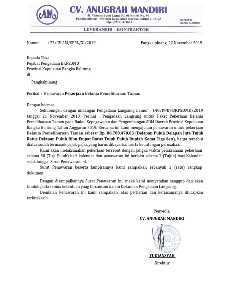 Surat Penawaran (CV. Anugrah Mandiri) | PDF