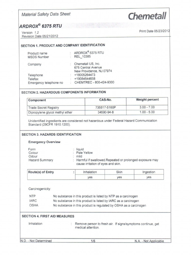 Ardrox 6375 Rtu Msds | PDF