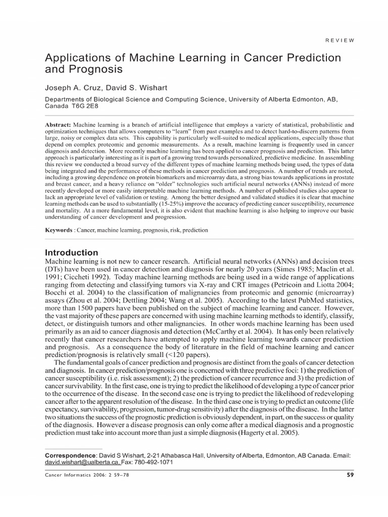 Applications of Machine Learning in Cancer Prediction and Prognosis | PDF